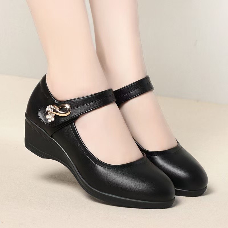 Women Pointed toe Black Leather Wedge Shoes School Office Shoes ...