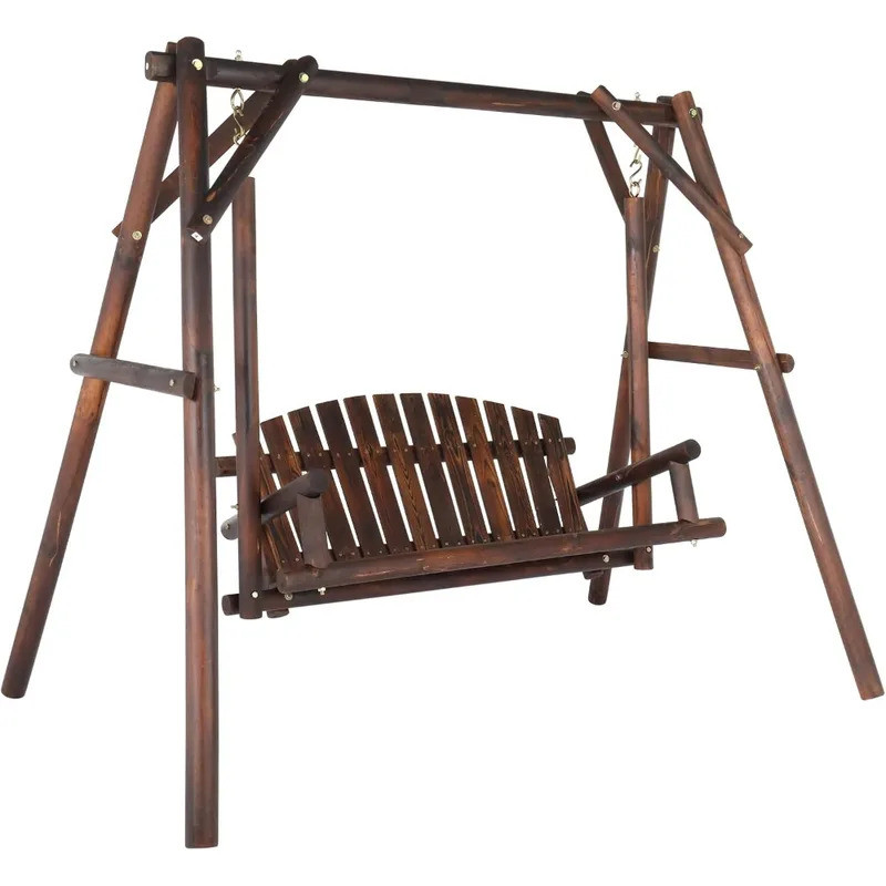 Patio Porch Swing Set, 67in Wood Log Swing Stand with Bench Loveseat ...