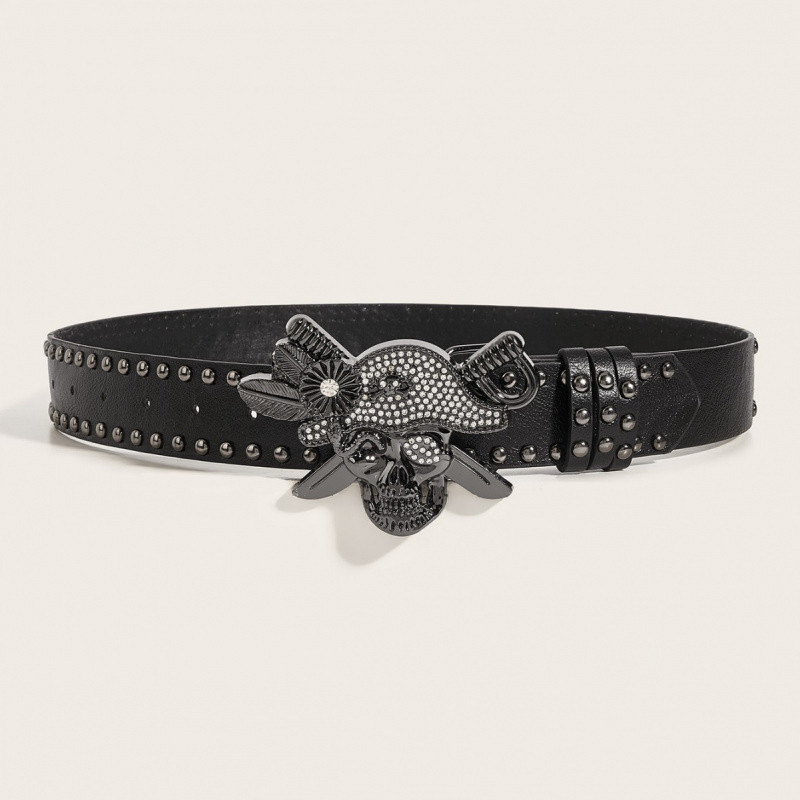 Gothic Inlaid Rhinestone Leather Belt Western Denim Pirate Skull Shape ...