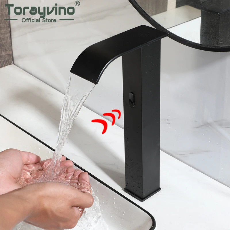 Torayvino Bathroom Automatic Touch Sensor Faucet Matte Black Deck Mounted Waterfall Spout Solid ...