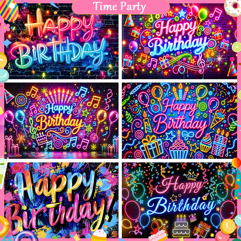 150*100CM Happy Birthday Backdrop Color Fluorescence Balloon Design Polyester Birthday Banner ...