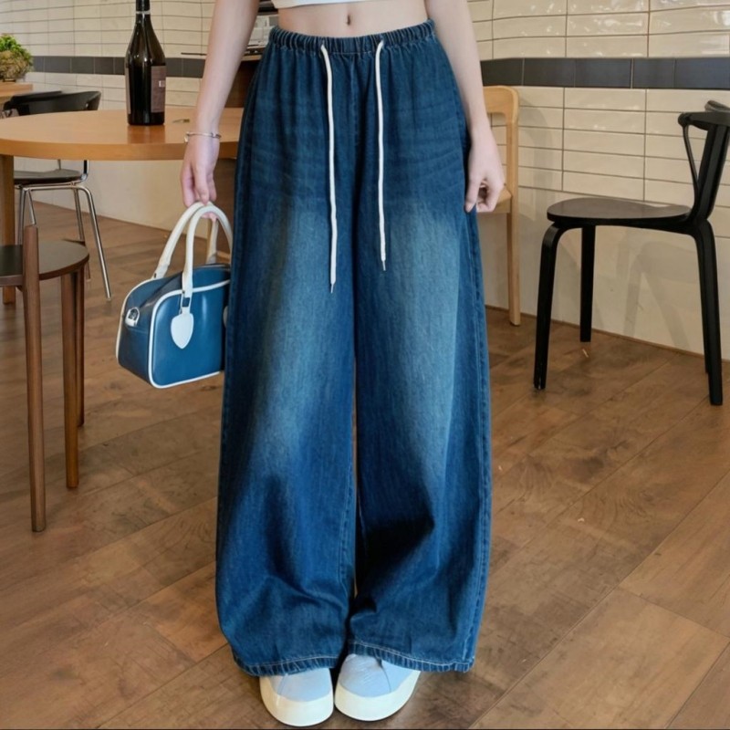 DAMENER Retro Wide Leg Denim Pants For Women Jeans High Waist Garter ...