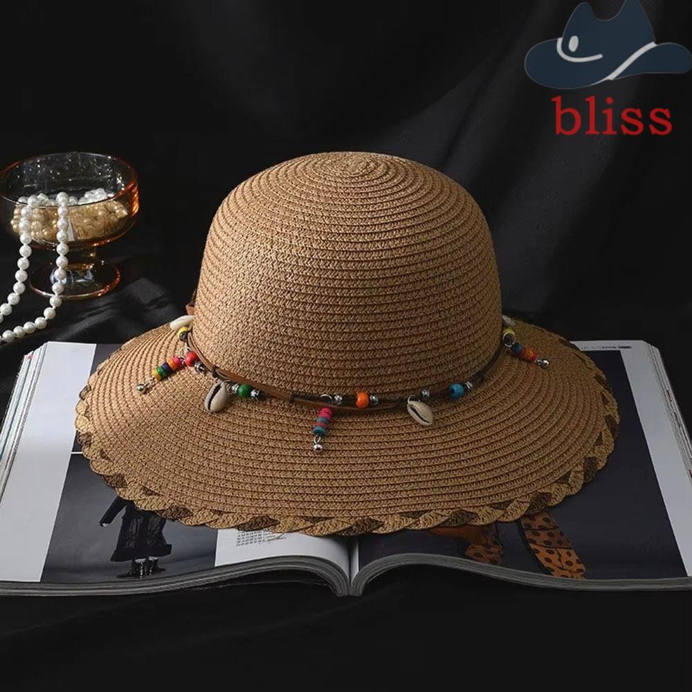 BLISS Bohemian Beaded Strap Straw Hat, Western Country Style Spring Summer Folding Straw Hats ...