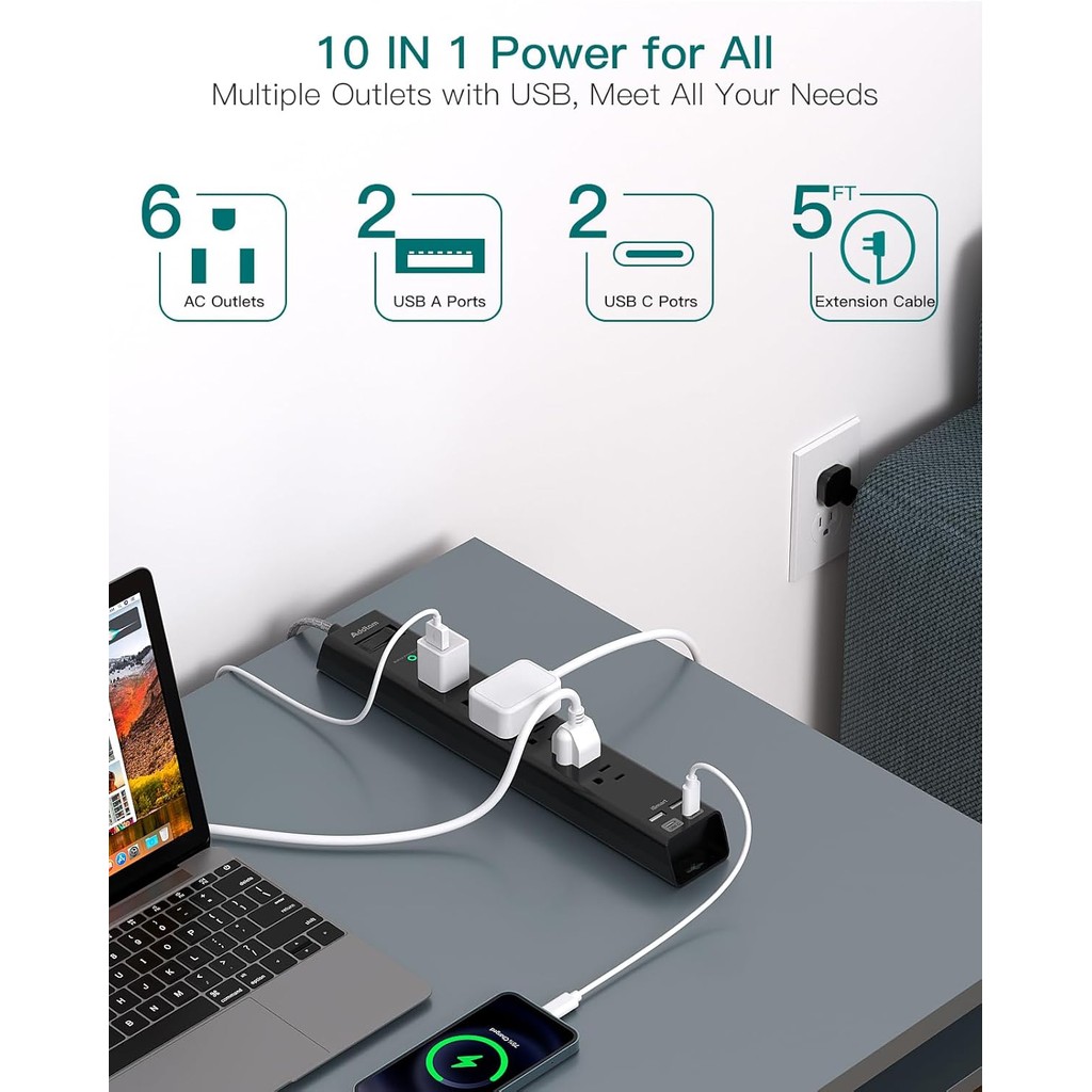 Surge Protector Power Strip - Extension Cord with 6 AC Outlets 4 USB (2 ...