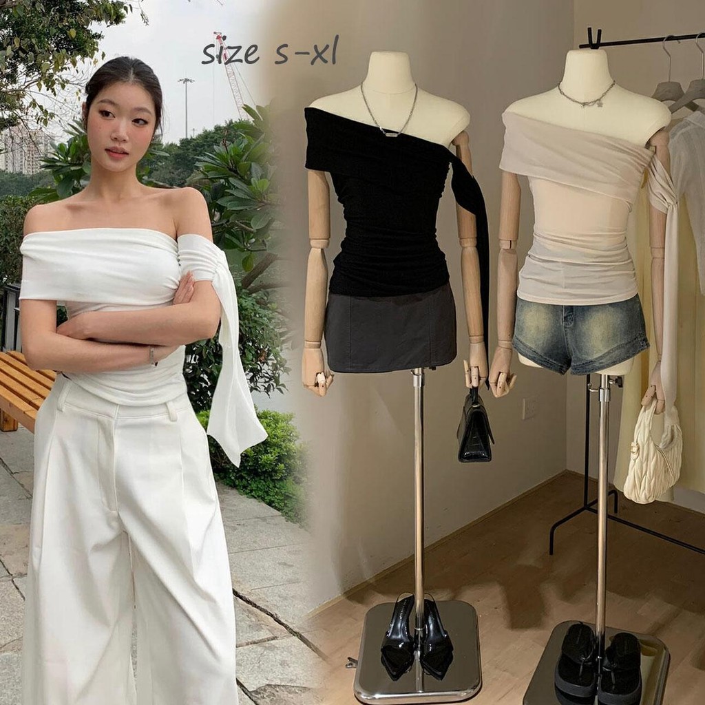 Women's off-shoulder Crop T-shirt Cuff Streamer Waist Design French ...