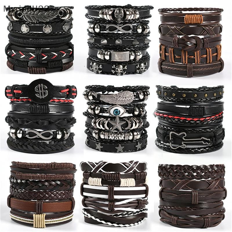 MYR Vinatge Gothic Punk Star Metal Multilayer Leather Men Bracelets ...