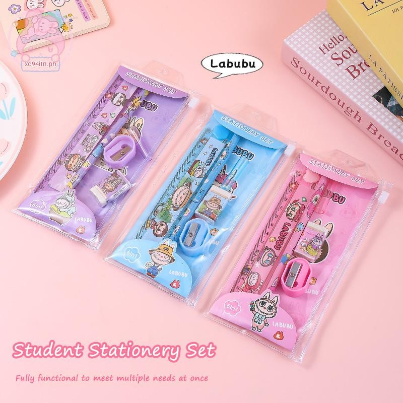 Xo94itn Cartoon Cute Labubu Bagged Stationery Set Pencil Ruler Eraser ...
