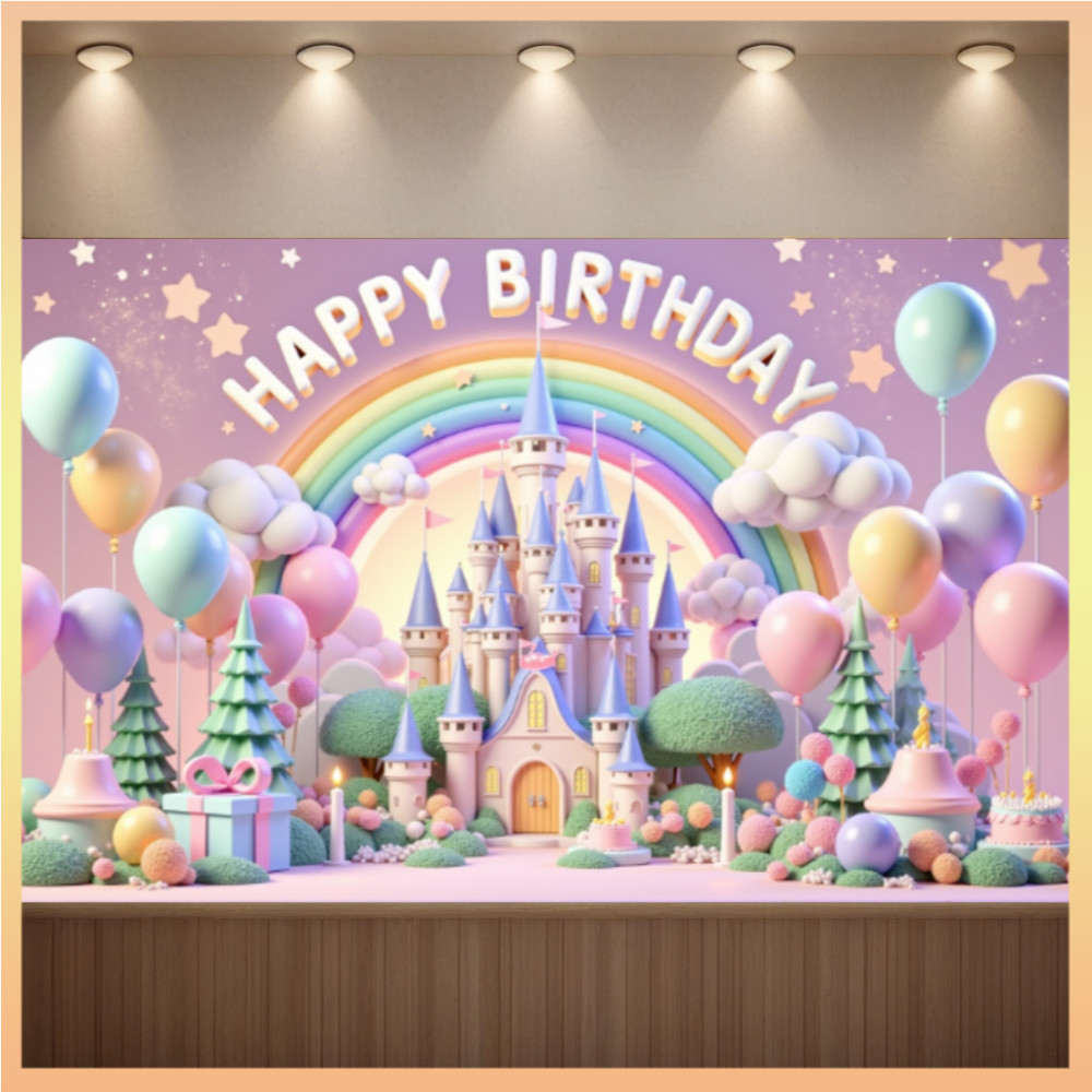 Pink Rainbow Castle Birthday Banner Happy Birthday Party Backdrop ...