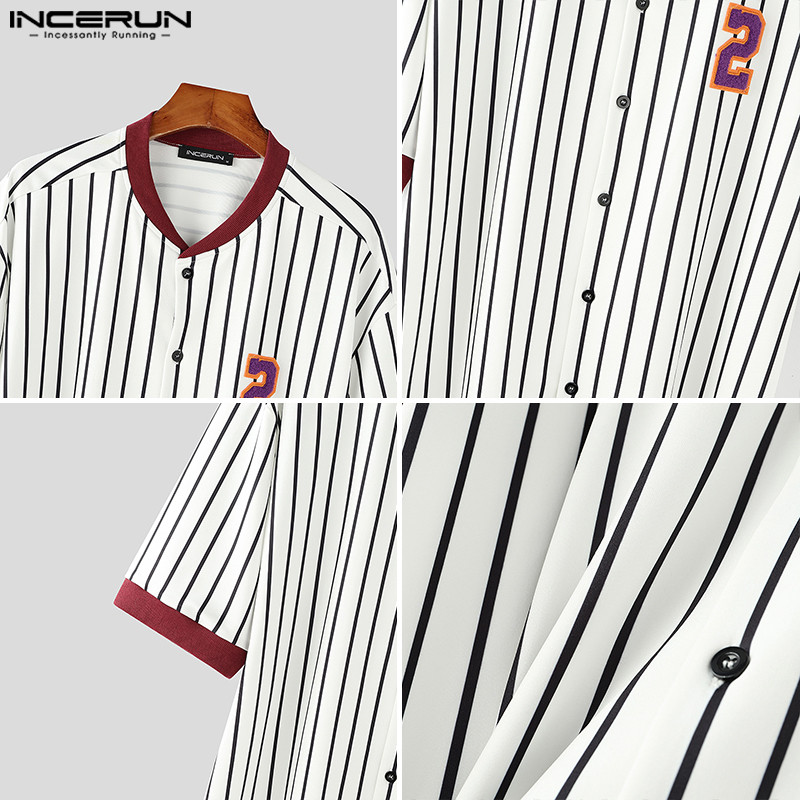 INCERUN Men Vintage Digital Stripe Baseball Collar Short Sleeve Shirts ...