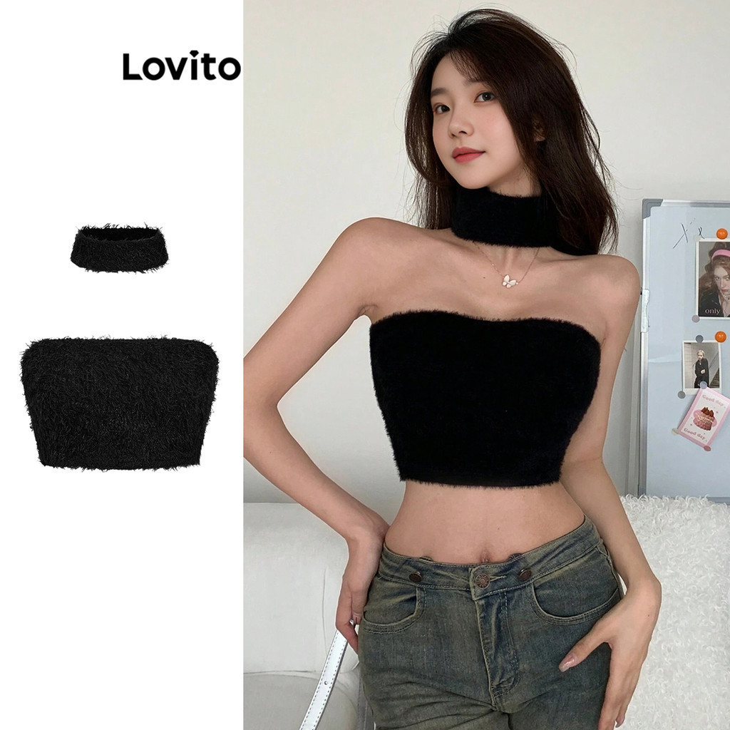 Lovito Women Casual Plain Faux Fur Tank Top L99ED835 | Shopee Philippines