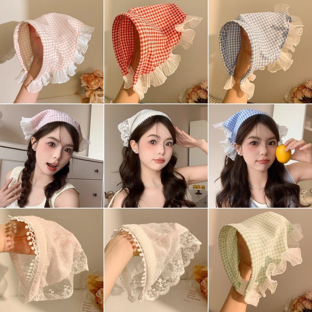 NEW White Lace Triangle Scarf Headband for Women French Blue Plaid ...