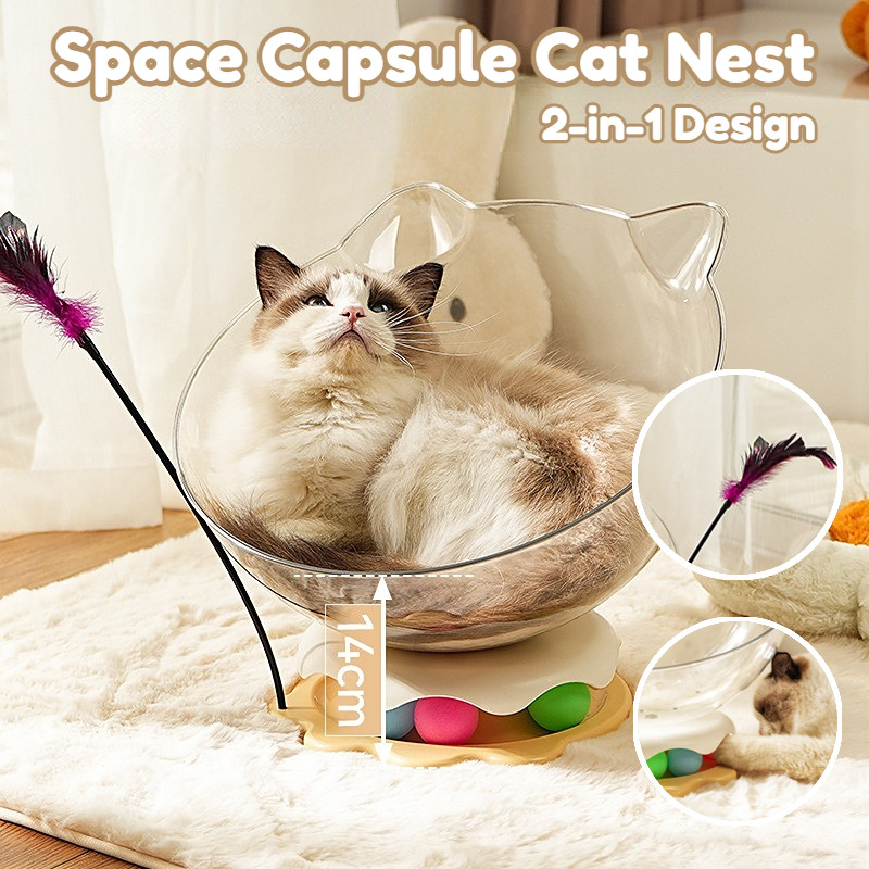 2-in-1 Pet Cat Bed Space Capsule Cat Nest with Turntable Toy ...