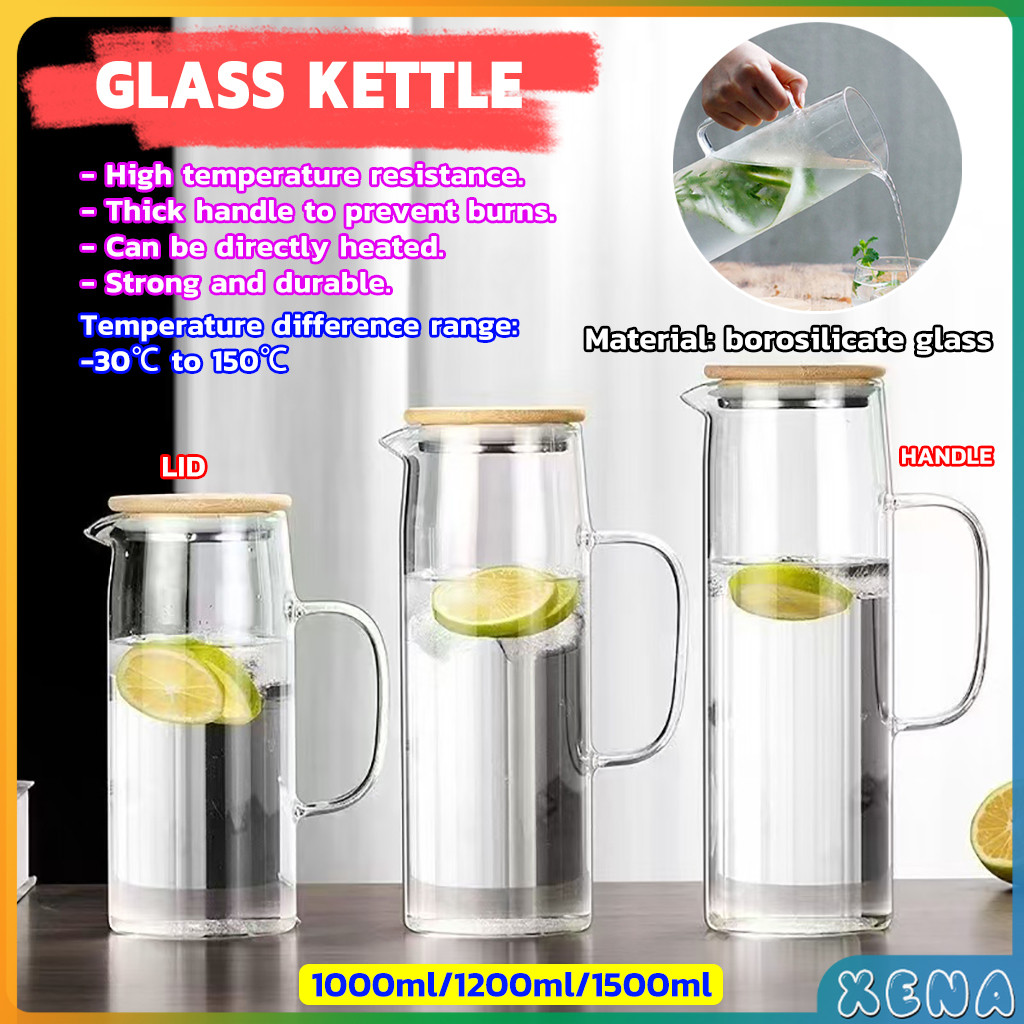 XE Glass Kettle With Lid 1000/1200/1500ml Heat Resistant Water Jar Cold ...