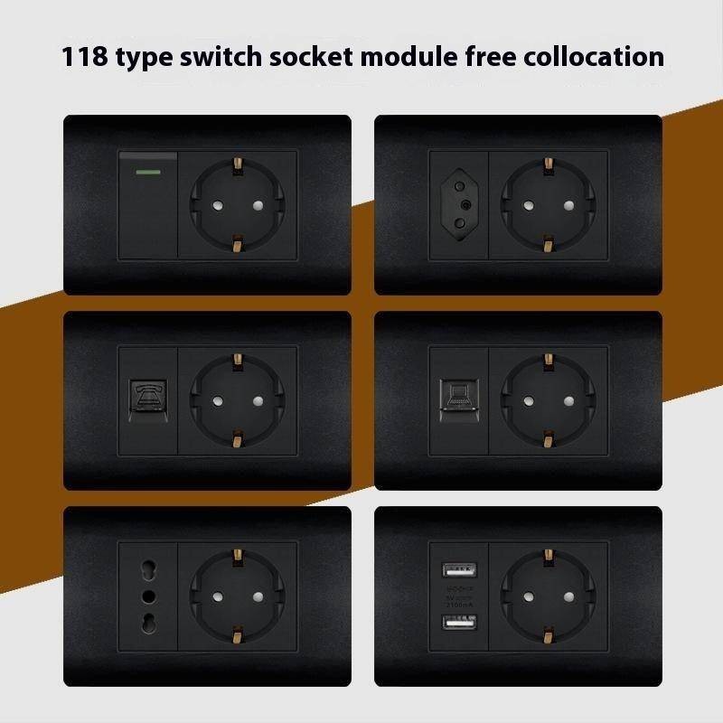 118 Type German Arc Black Switch Socket Panel with usb+typeC European ...