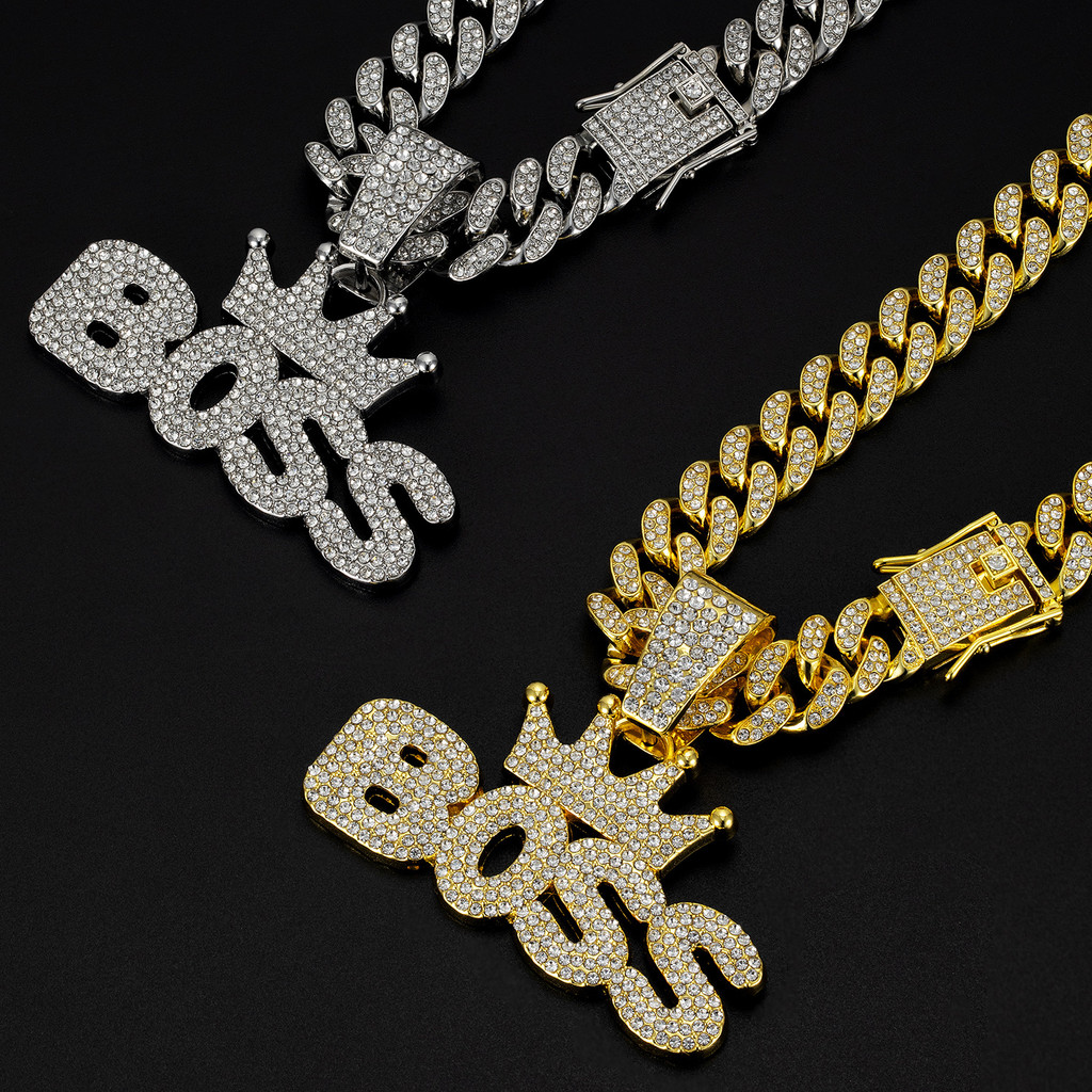 New Hip Hop Crown BOSS Pendant Full Diamond Cuban Link Chain Necklace ...