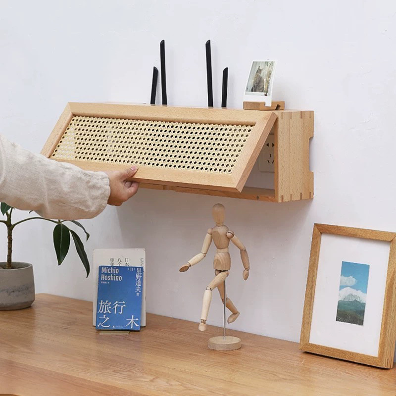 Japanese Rattan Router Solid Wood Wall-Mounted wifi Shelf Socket Cover ...