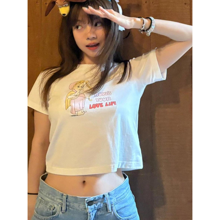 COD (Bangkok Delivery) MAO Shop Cartoon Print Plus Shoulder Open Navel Short T-Shirt Thin Cotton ...