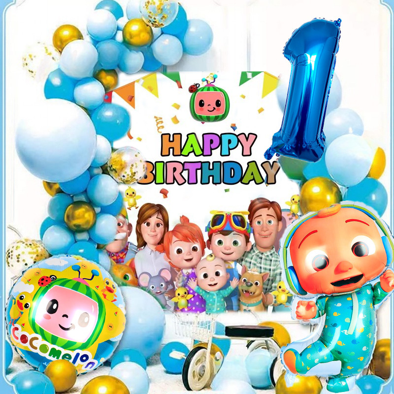 1Set Cocomelon Theme Coconut Balloons Party Decorations Blue Golden ...