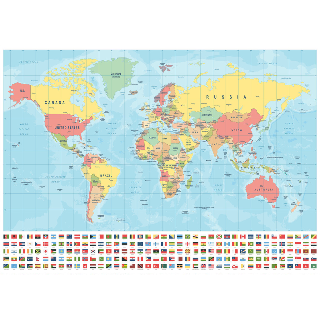 World Map Wall Sticker Large Map of The World Poster with Country Flags ...