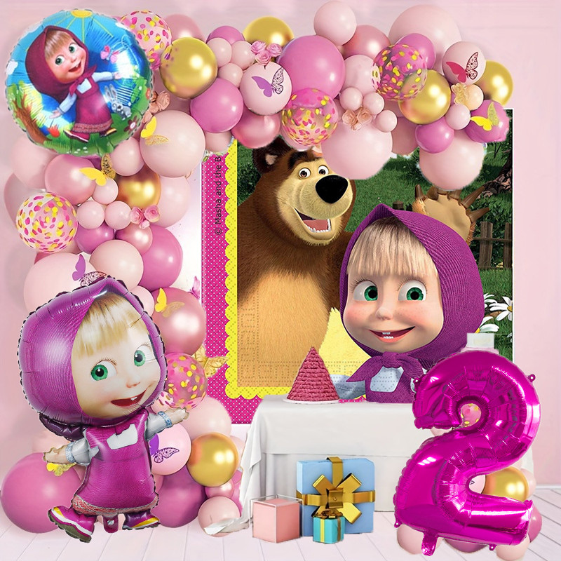 88pcs Masha and The Bear Theme Balloon Hot Pink Golden Balloon with ...
