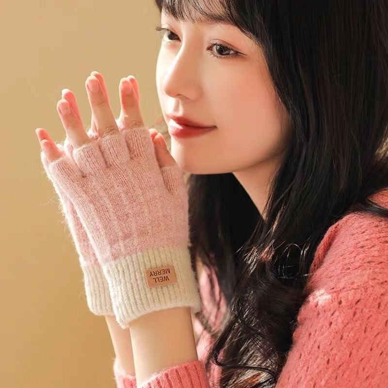 Office Knitted Thick Thermal Half Finger Gloves Women Winter Outdoor ...