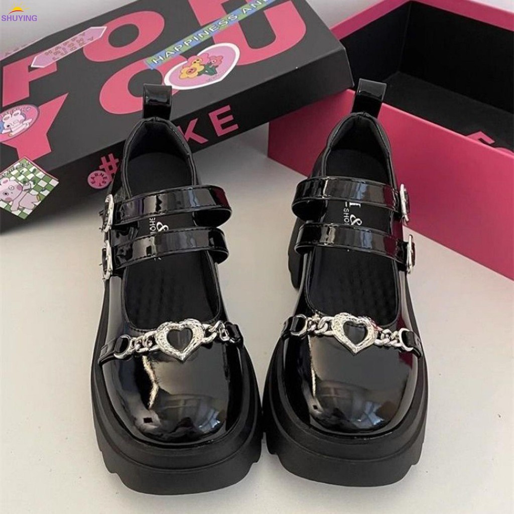 Daily Uniform Platform Shoes Heart Buckle Thick Sole Mary Jane Shoes ...