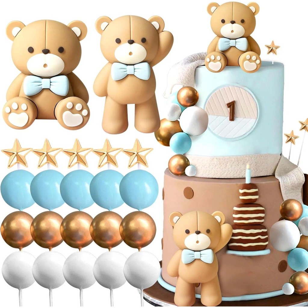 22pcs Blue Bear Cake Topper Gold Star Blue Cake Topper Balls for ...