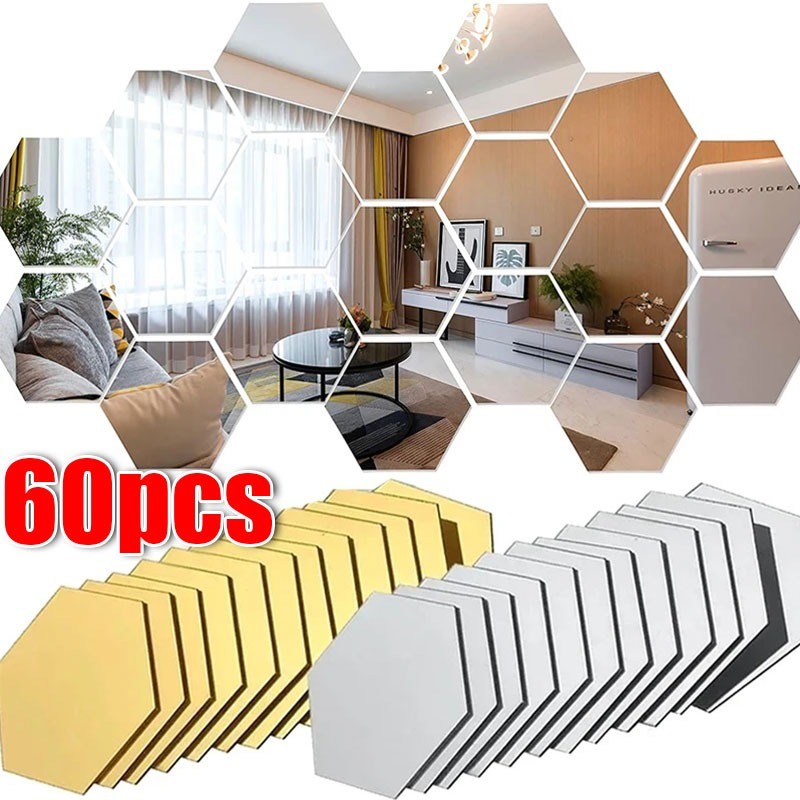 12/24/48/60Pcs Hexagonal Acrylic Mirror Sticker / Bedroom Self-adhesive ...
