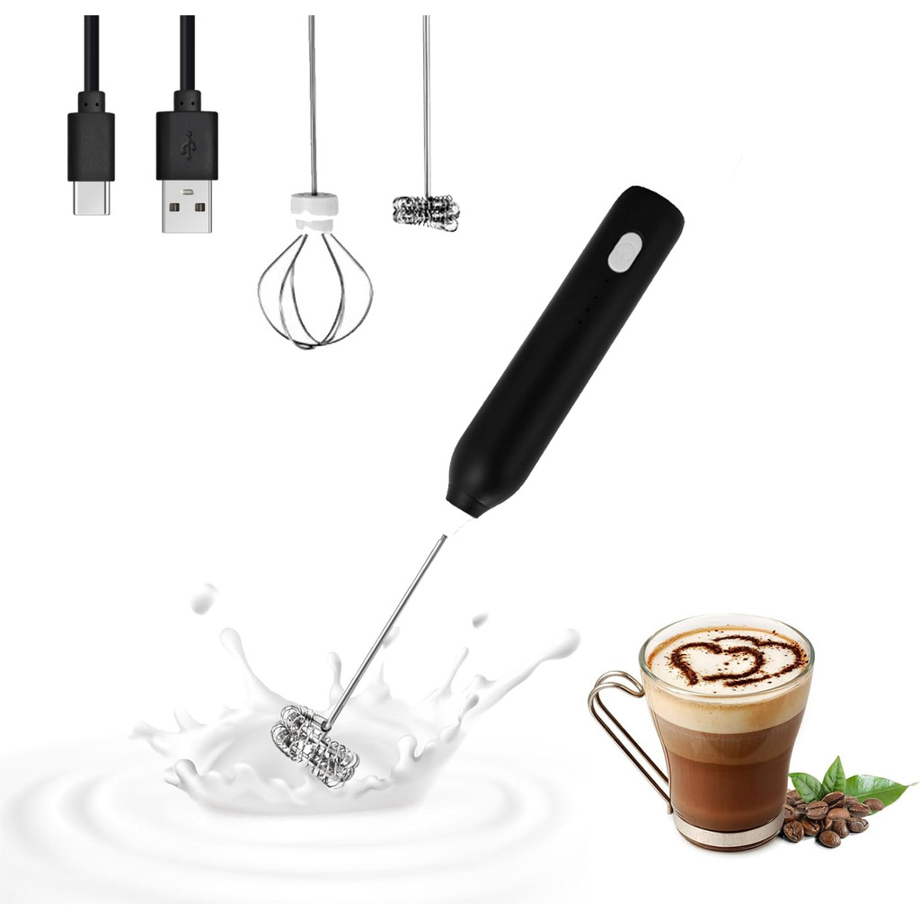 Rechargeable Milk Frother Handheld with 2 Heads Coffee Electric Whisk ...