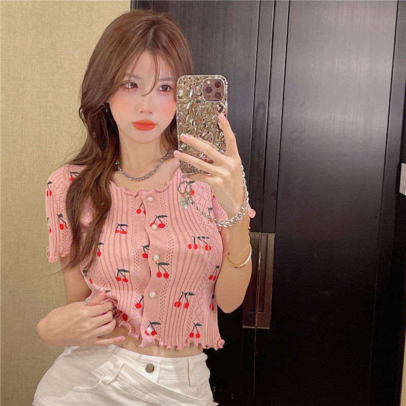Cute cherry knit shirt slim crop tops | Shopee Philippines