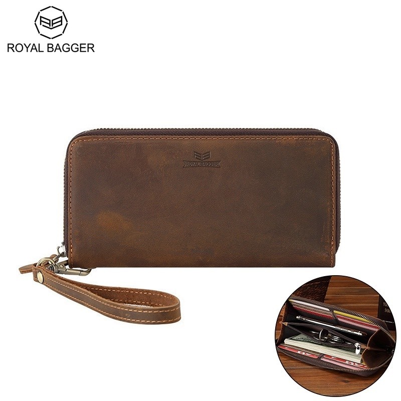 Royal Bagger RFID Block Long Wallet for Men Retro Genuine Cow Leather ...