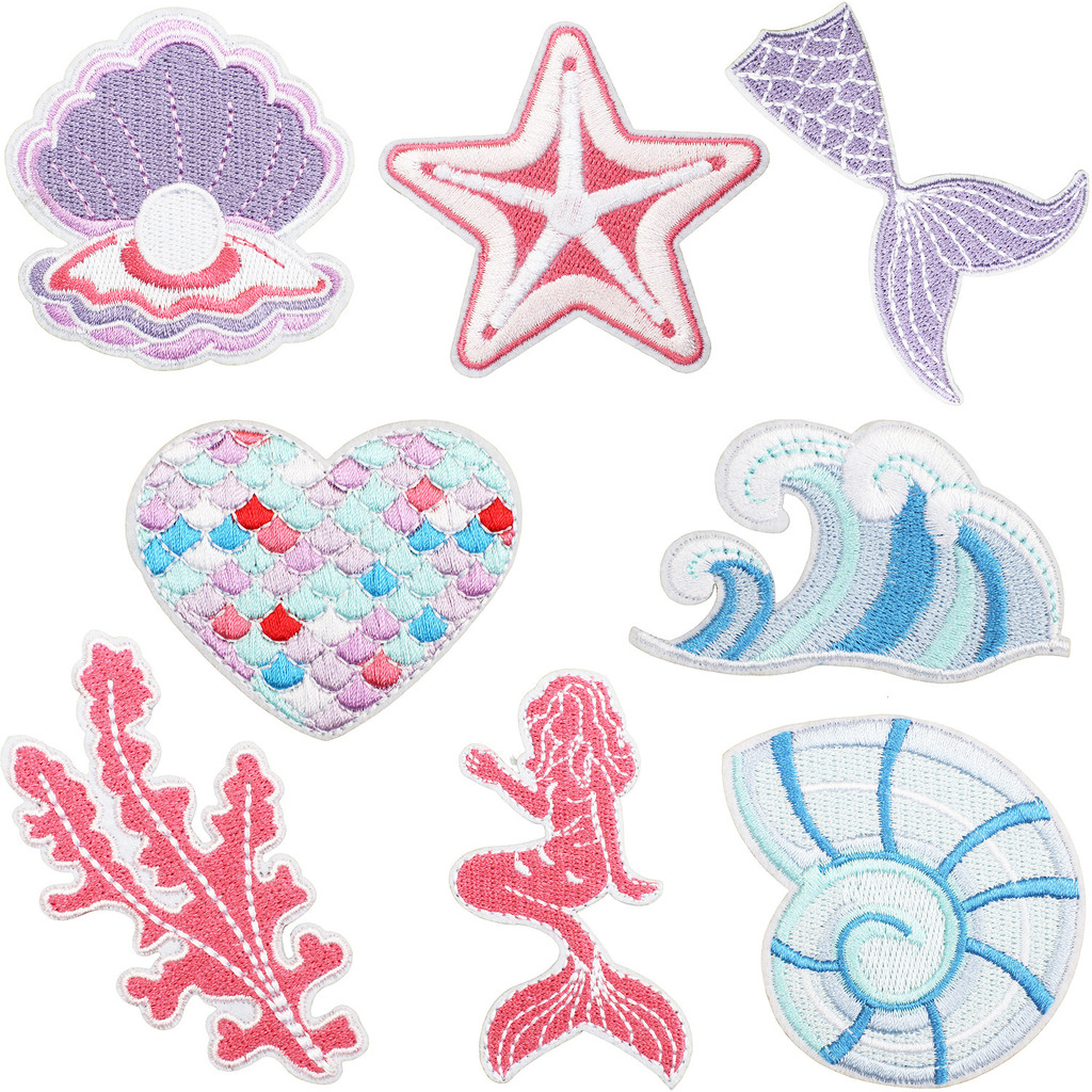 8 Pcs Little Mermaid Iron on Patches Pretty Cartoon Seashell Pearl ...
