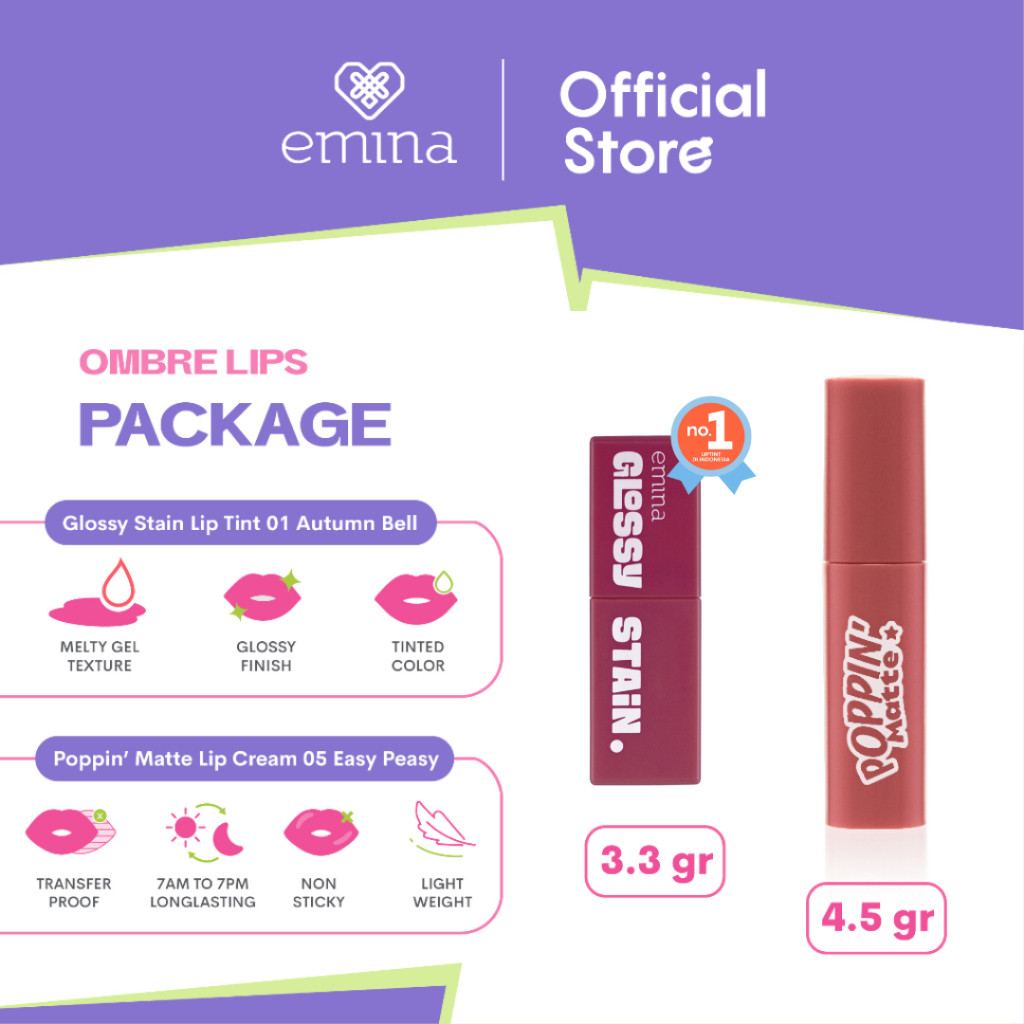 Emina Ombre Lips Package (Glossy Stain 01 & Poppin Matte 05) - Lip ...