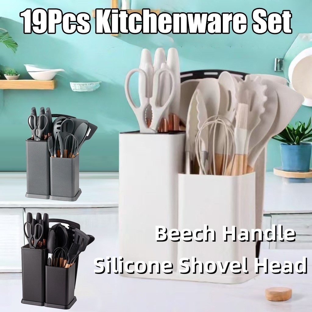 TOYA 19PCS Silicone Kitchen Utensils Set Non Stick Pan Shovel Wooden ...