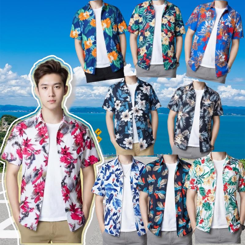 TATA Korean Style Summer Polo for Men Hawaiian outfit Breathable Button ...