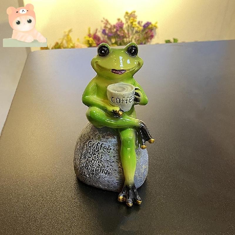 Green Frog Drinking Coffee Stone Garden Statue Craft Resin Micro ...