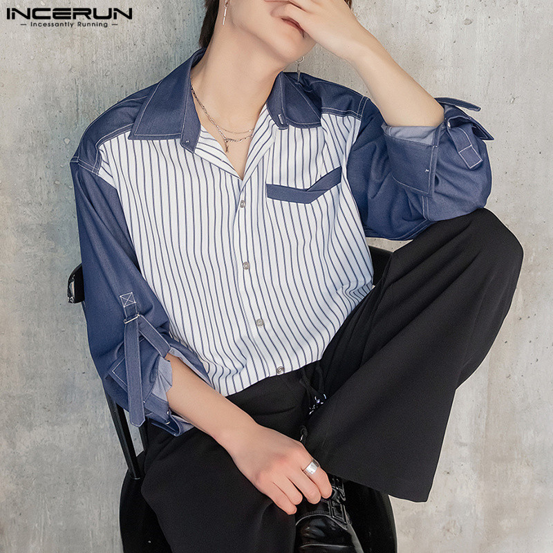 INCERUN Men's Shoulder Drop Line Denim Splicing Striped Long Sleeve ...
