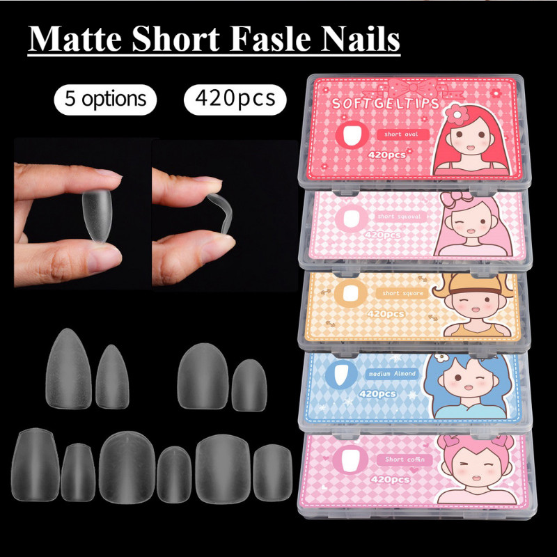 420Pcs Matte Short Fasle Nails Almond Coffin Full Cover Tips Artificial ...