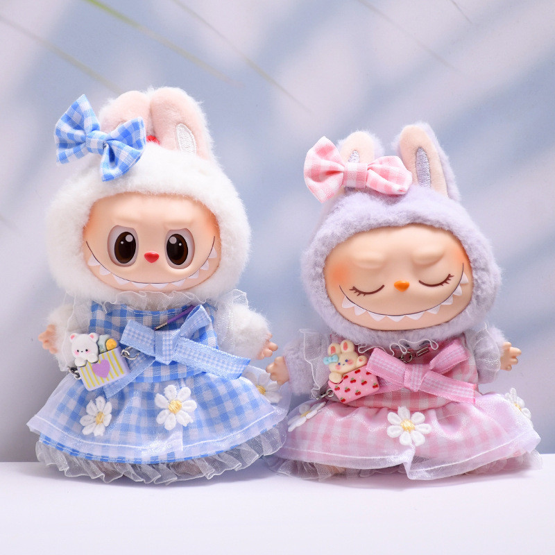 17cm labubu doll Pendant labubu clothes Daisy Plaid Skirt Suit labubu ...
