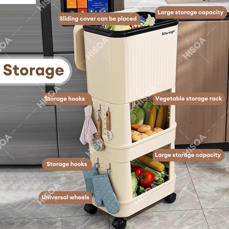 Hisoa Multi Layers Trash Bin Kitchen Trolley Cart Storage Rack With ...