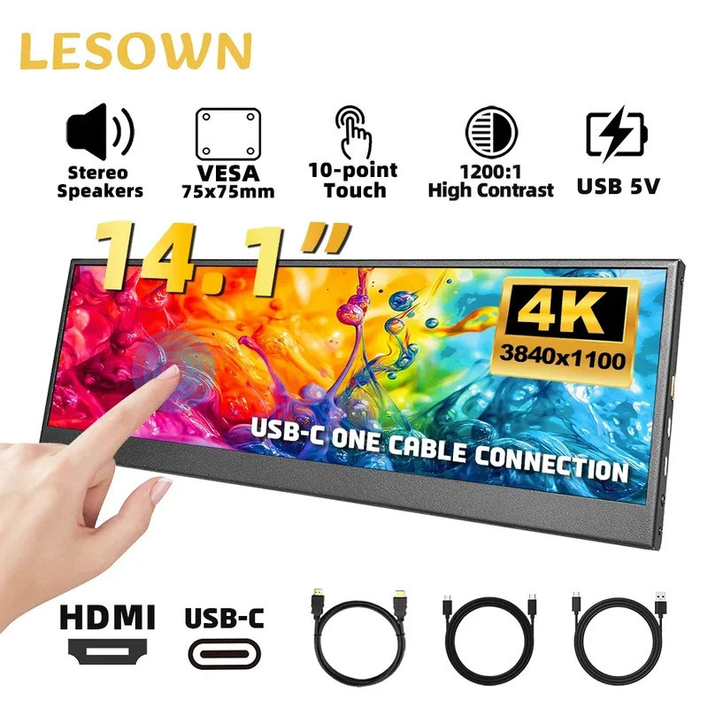 LESOWN Portable Widescreen Monitor 4K 14.1 inch Stretched Bar USB C ...