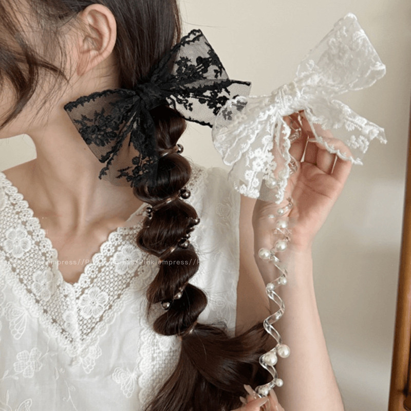 Coil Hair Tie for Woman Pearl Lace Bow Ponytail Hair Rope Butterfly ...