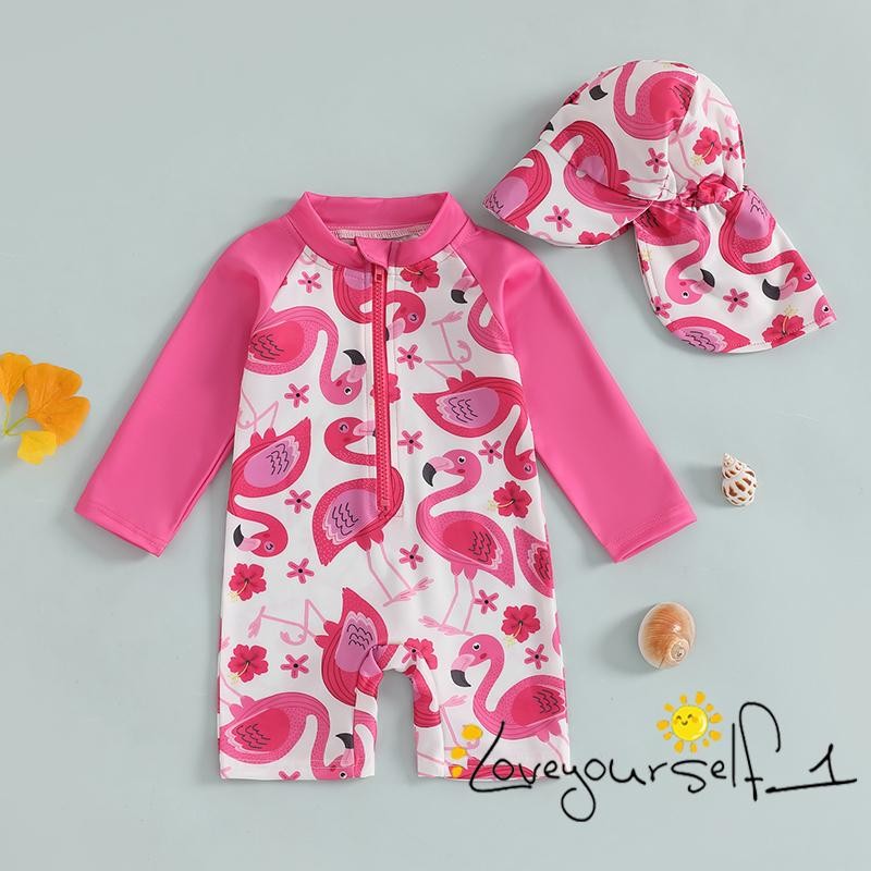 B930G-Toddler Girl Long Sleeve Swimsuit Flamingo Print Half Zipper Non ...