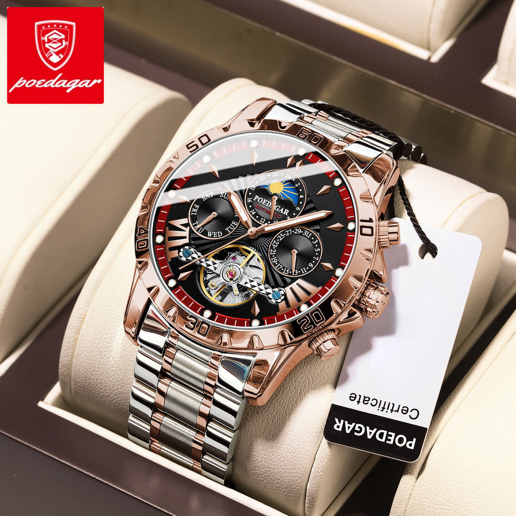 POEDAGAR watch, automatic mechanical watch, waterproof stainless steel ...