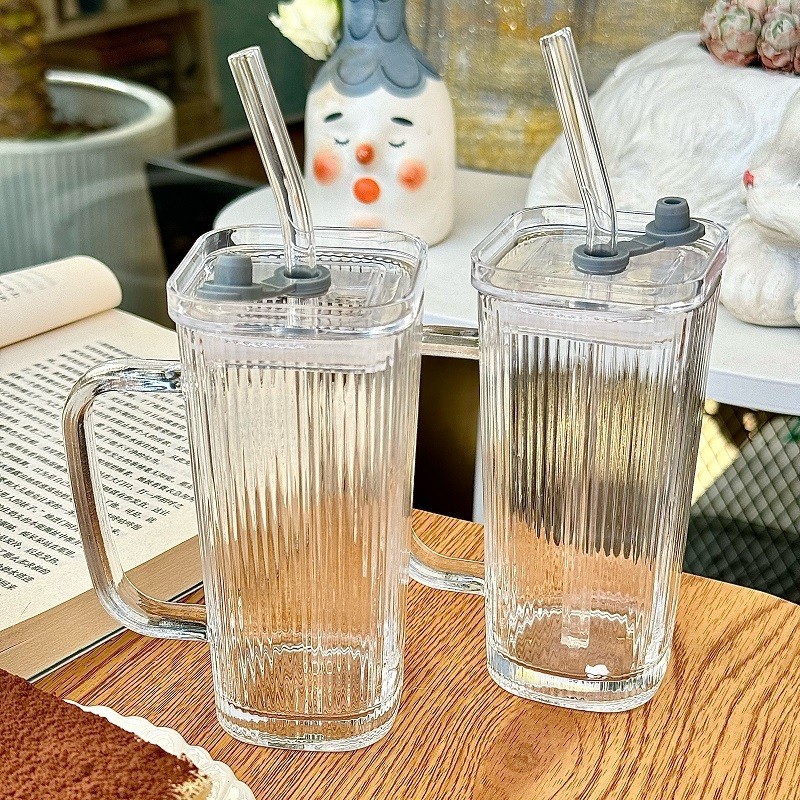 Simple ins Striped Glass Cup with Handle and Straw, Straight Square Cup ...