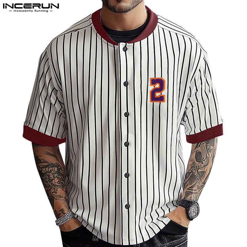 INCERUN Men Vintage Digital Stripe Baseball Collar Short Sleeve Shirts | Shopee Philippines