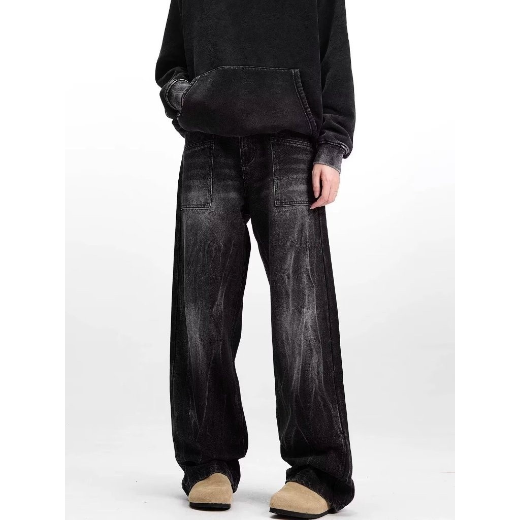 Retro Baggy Trendy Denim Straight Cut Fit Men And Women Black Jeans ...