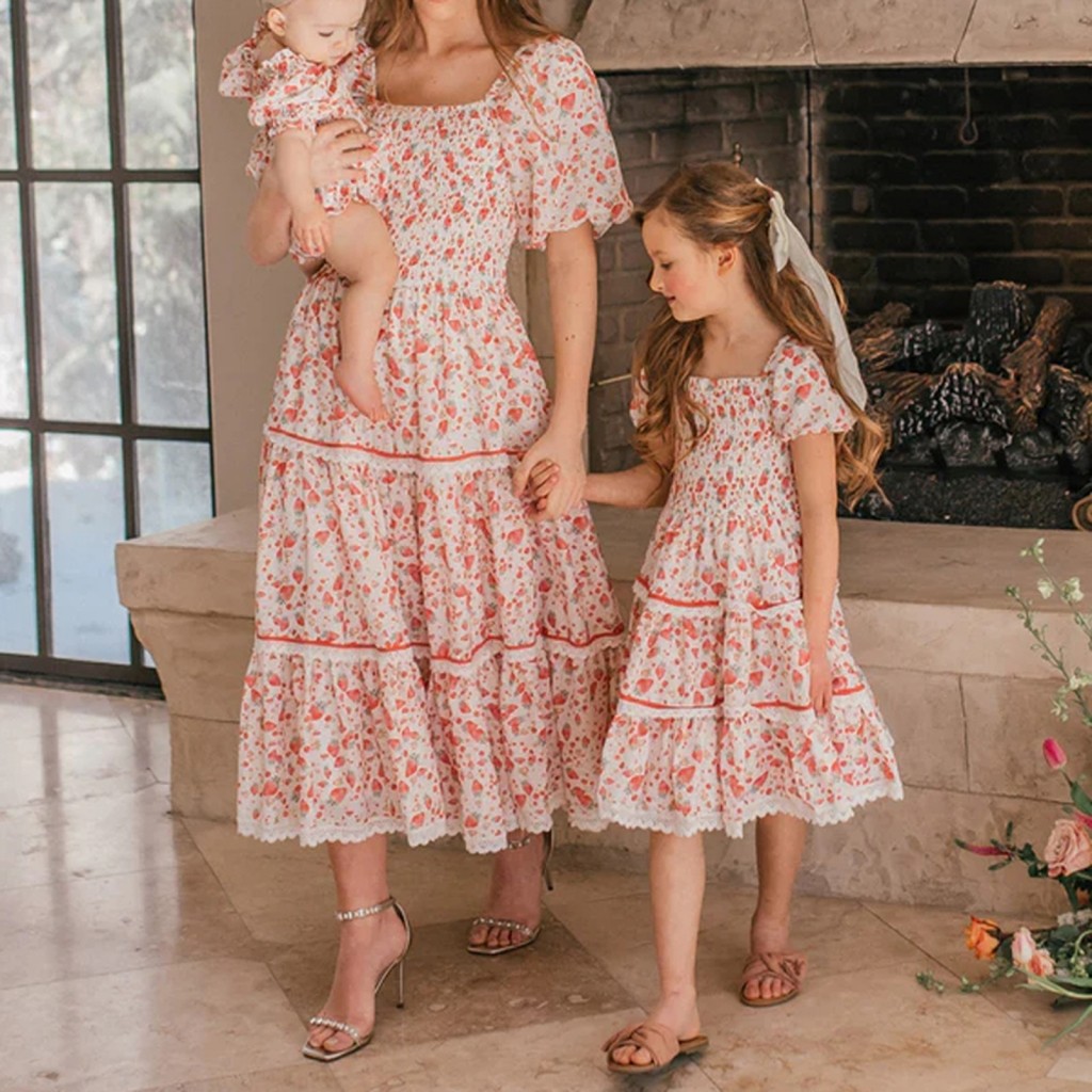 XZQ-Mother Daughter Family Matching Dresses Floral Short Sleeves A-Line ...