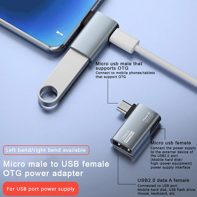 OTG Cable Adapter 4K 90 Degree Left Angle Powered Micro USB To USB OTG ...