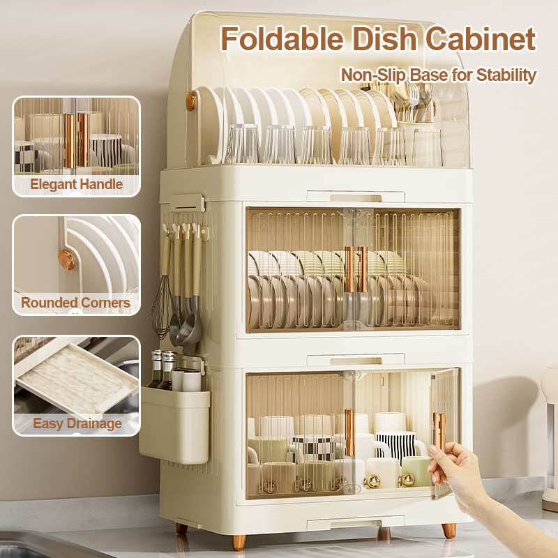 Kitchen Plastic Dish Cabinet - Foldable Cabinet Dish Rack Dustproof ...